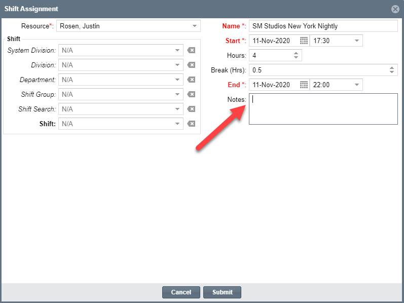 Add notes to a shift assignment – ShowMgr.com